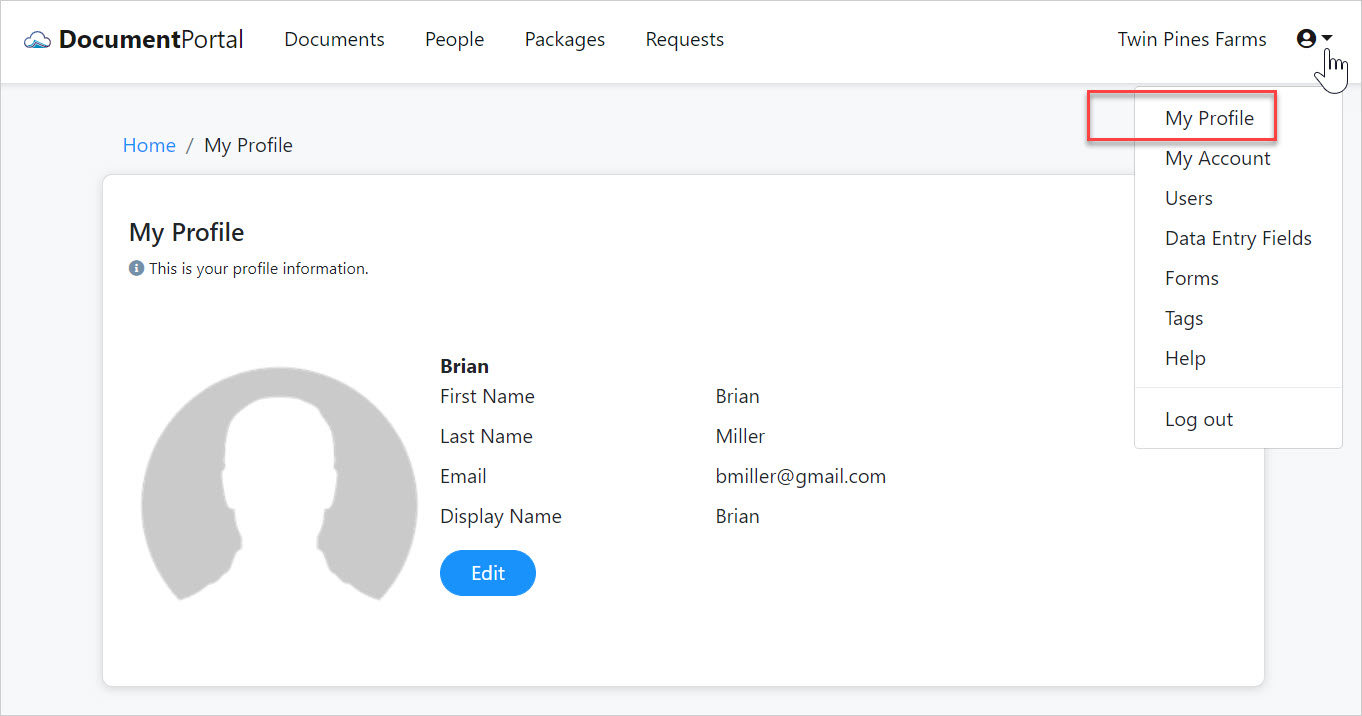 My Profile Screen – Document Portal, LLC