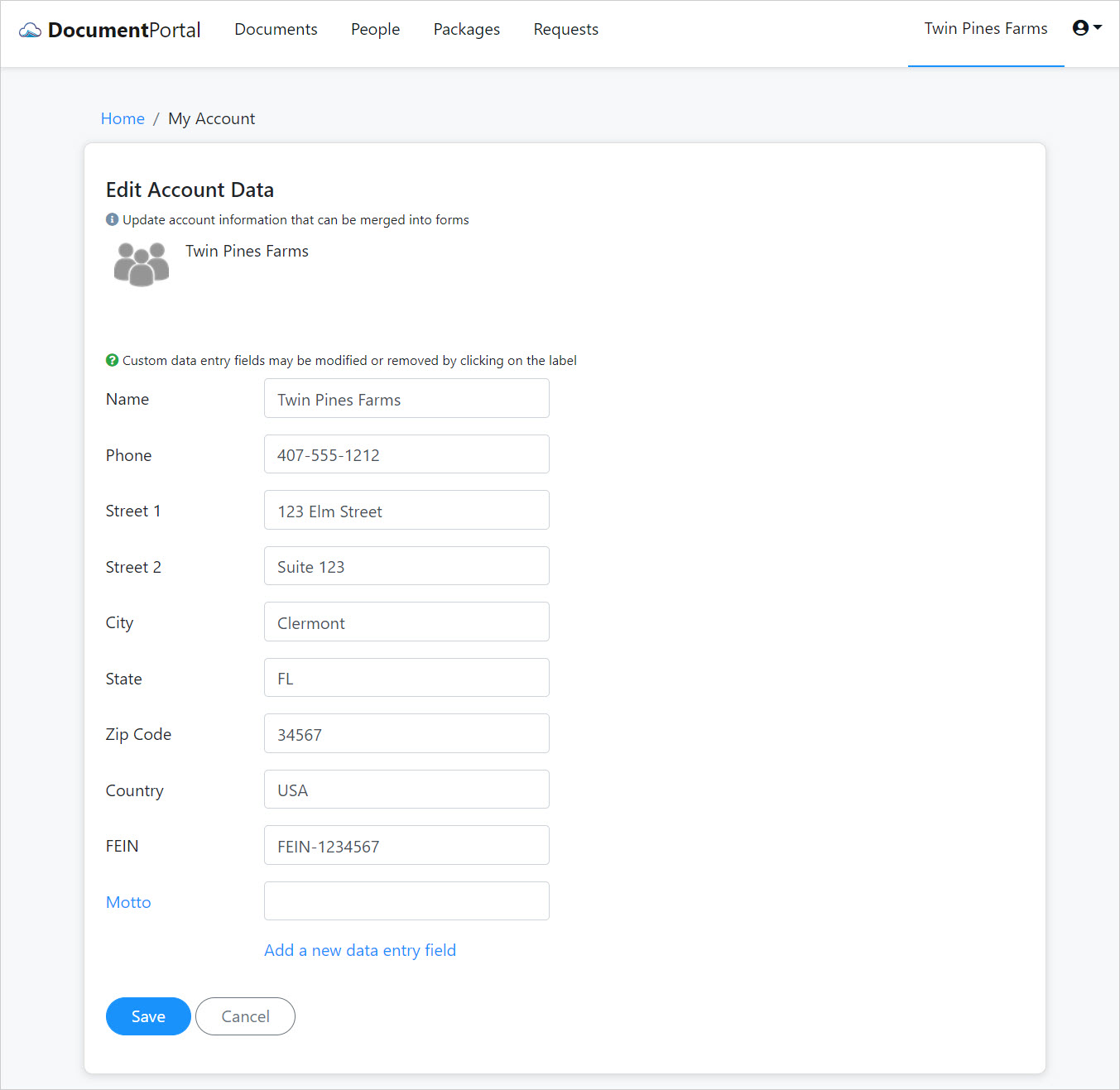 My Account Screen – Document Portal, LLC